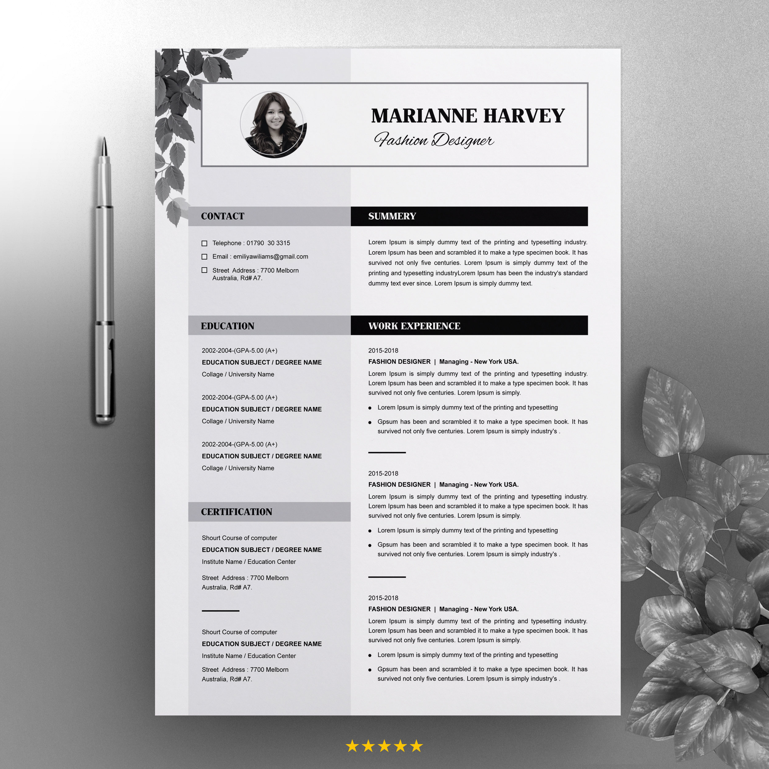 Resume / CV Design Template Feminine & Elegant MS Word Instant Download ...