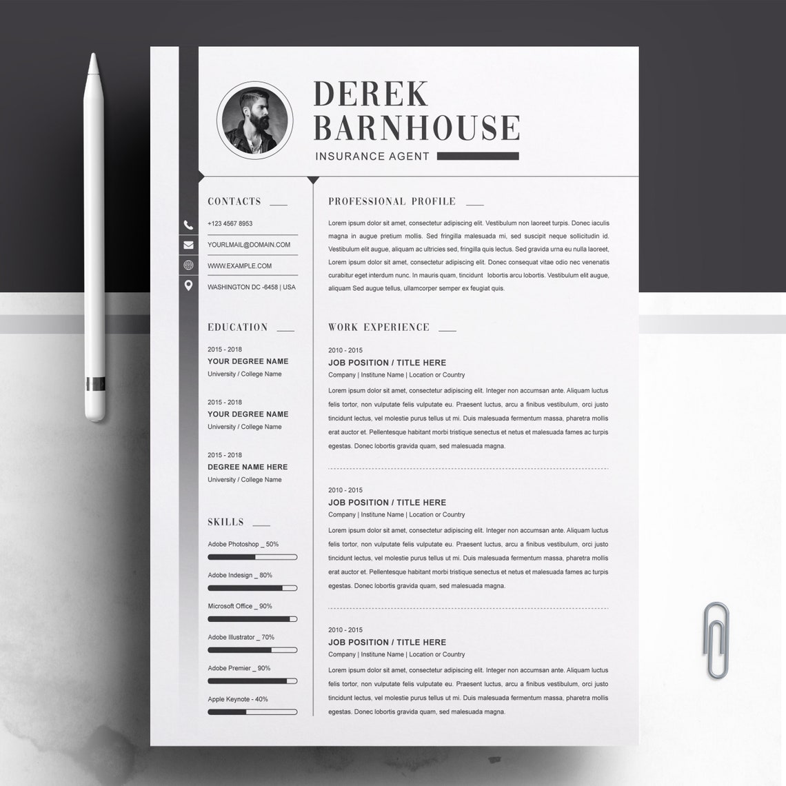 Modern, Clean One Page Resume Template | CV Template + Cover Letter ...