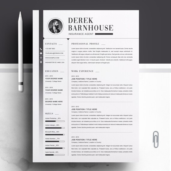 Modern Clean One Page Resume Template CV Template Cover | Etsy