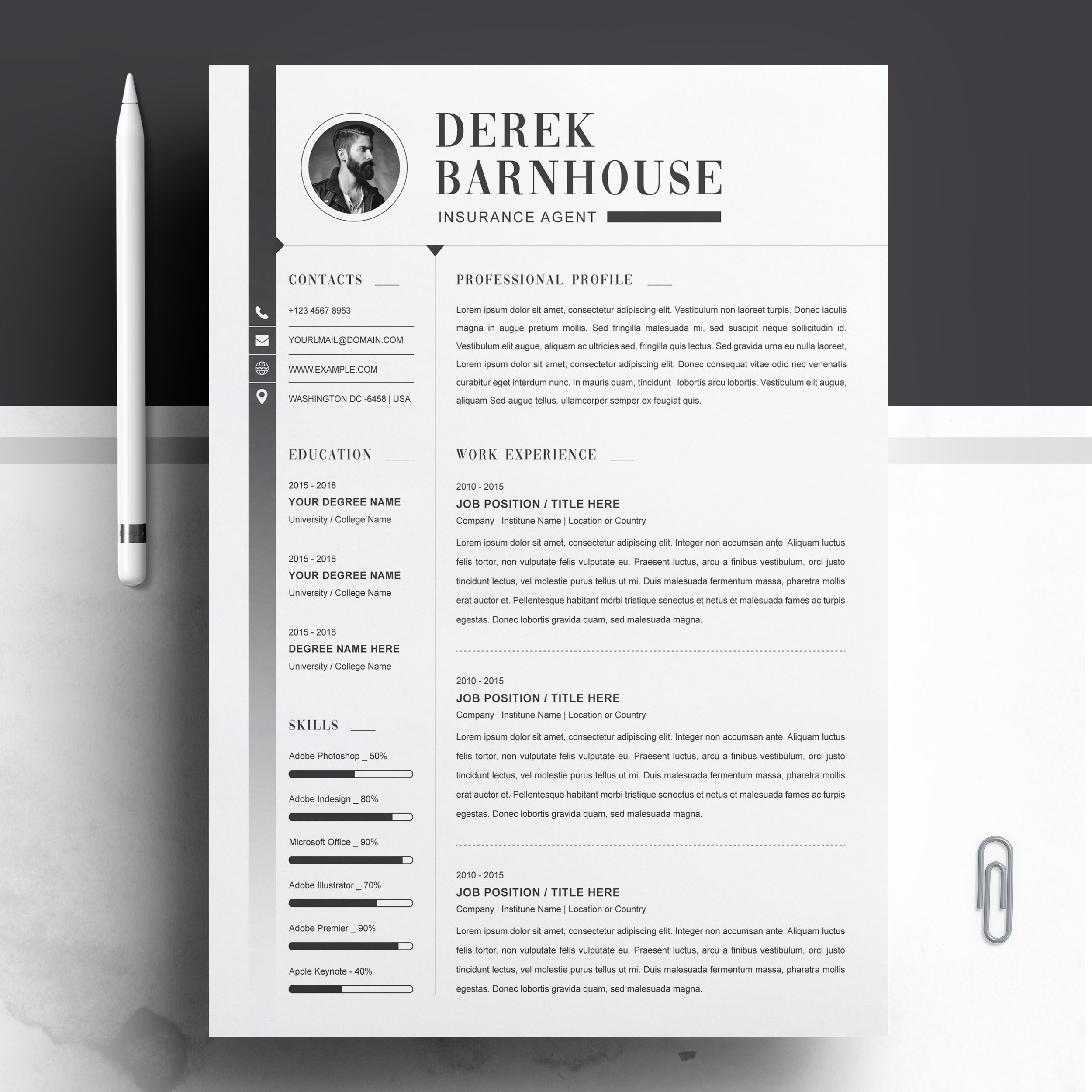 Modern, Clean One Page Resume Template | CV Template + Cover Letter ...