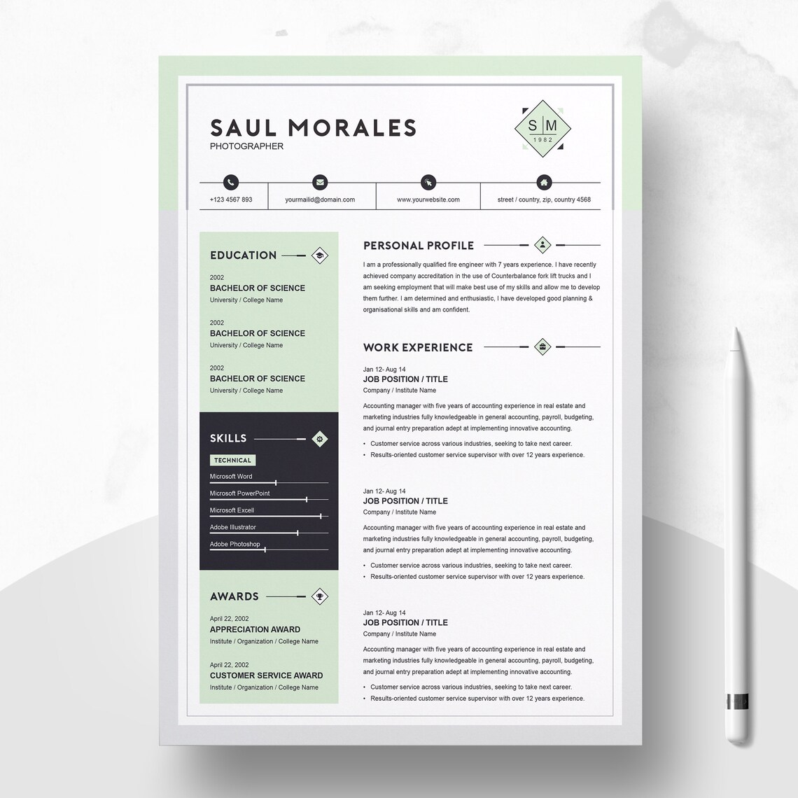 Modern Resume Design Template 3 Page MS Word CV Template With Cover ...