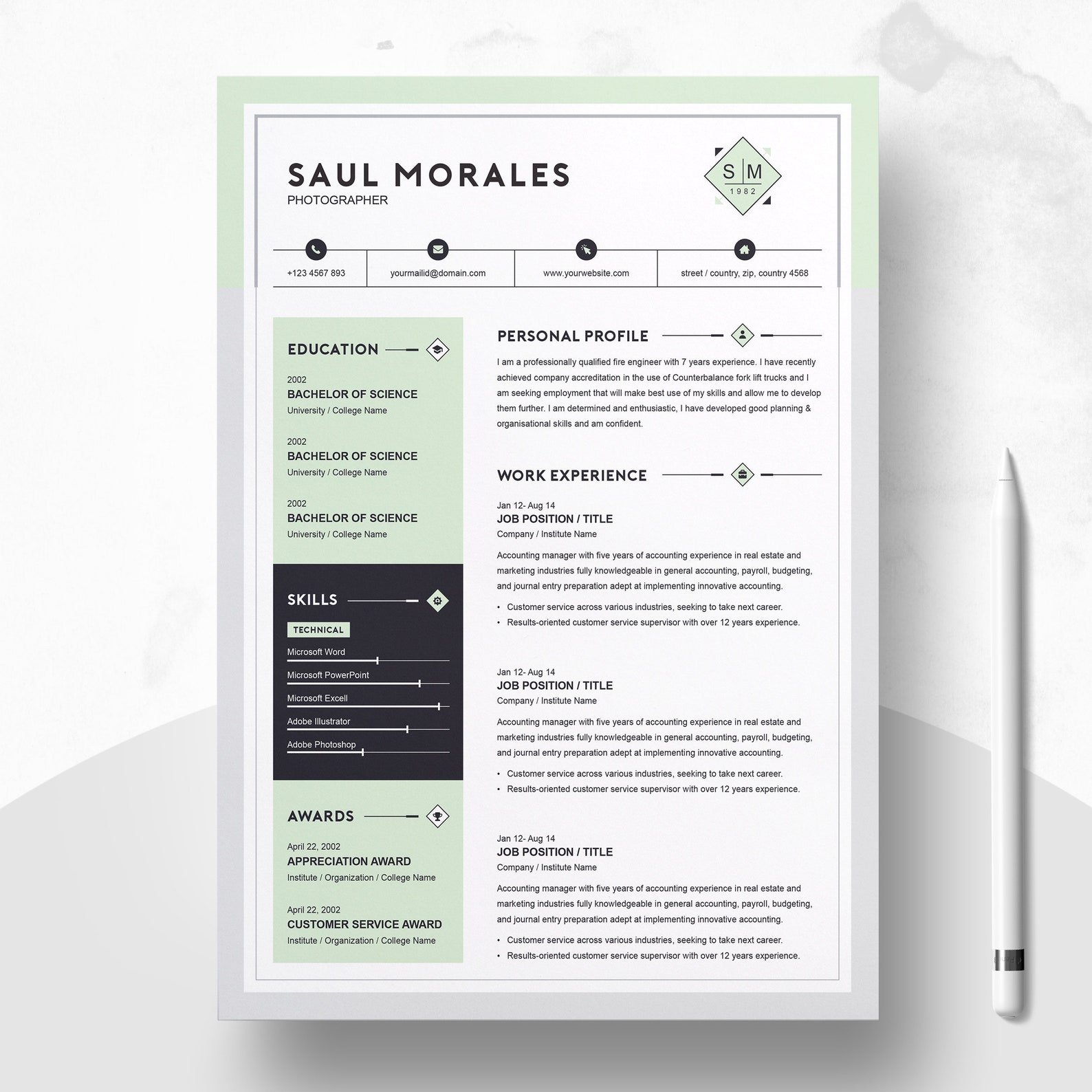 Modern Resume Design Template 3 Page MS Word CV Template With Cover ...