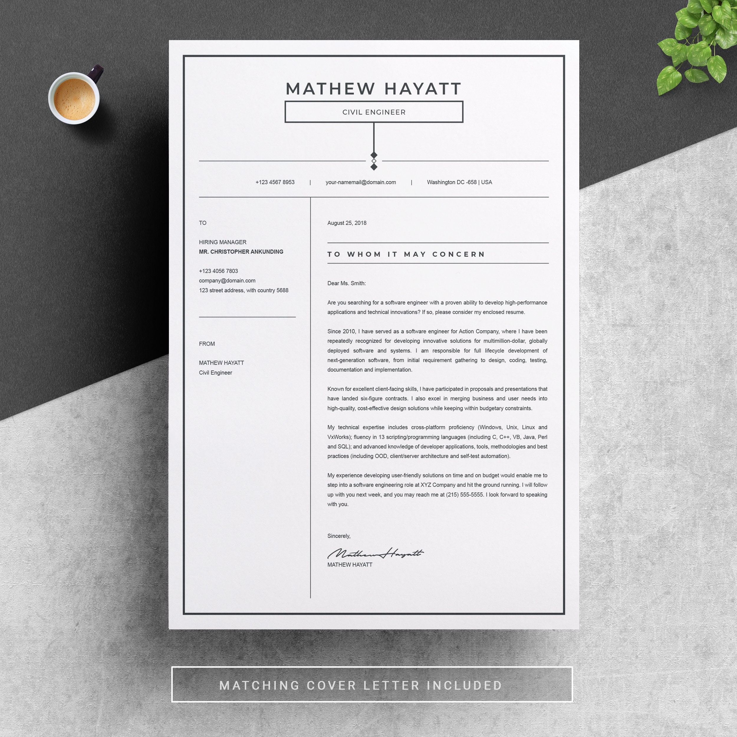 One Page Resume Template With Cover Letter MS Word Format - Etsy