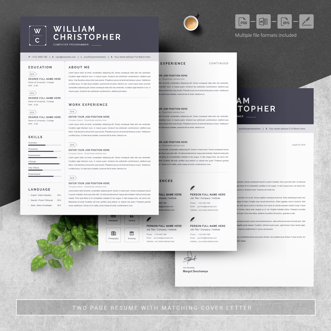Resume Template Word, CV Template, Cover Letter, Professional and ...