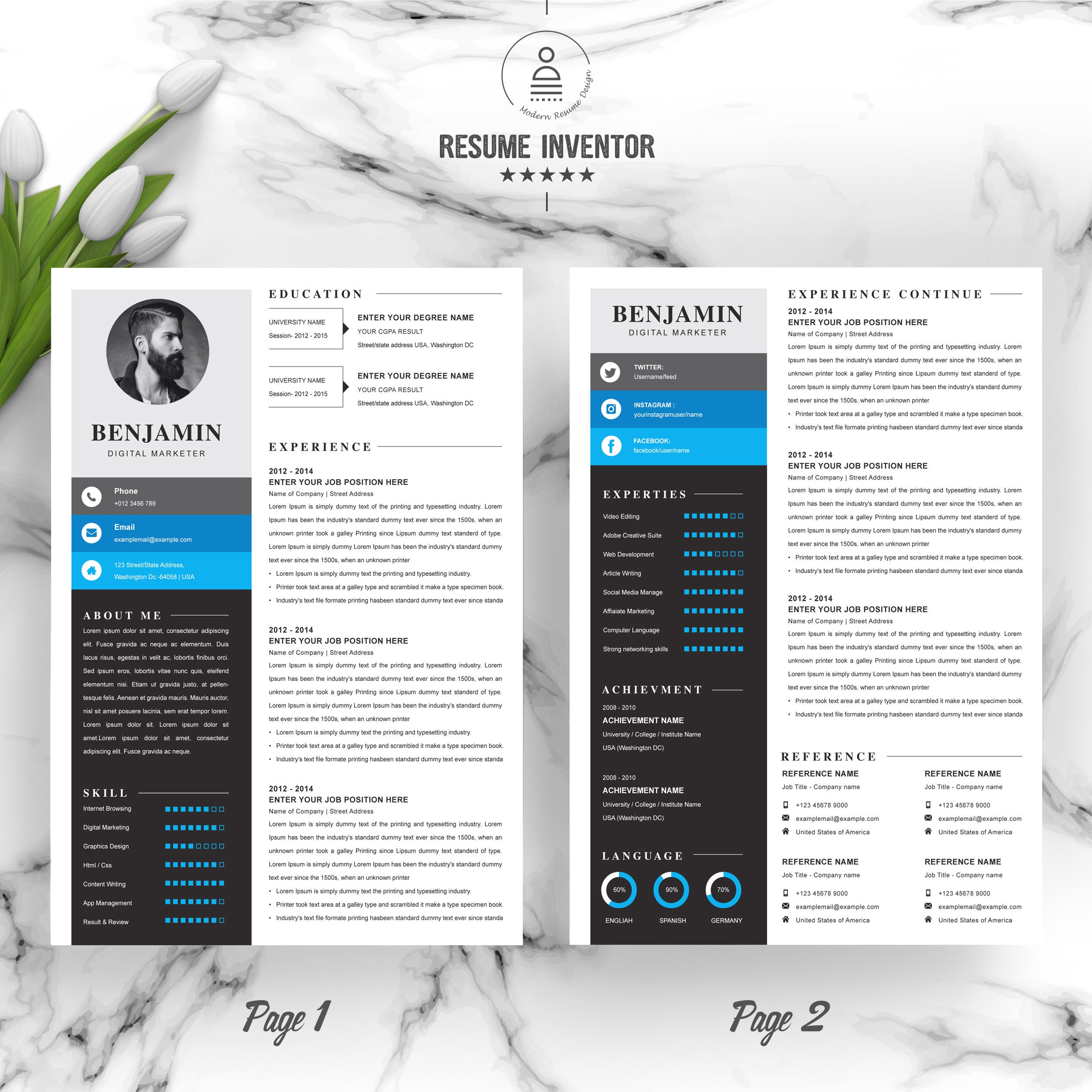 Resume Template for Word Modern Minimal Design Two Page Layout With ...