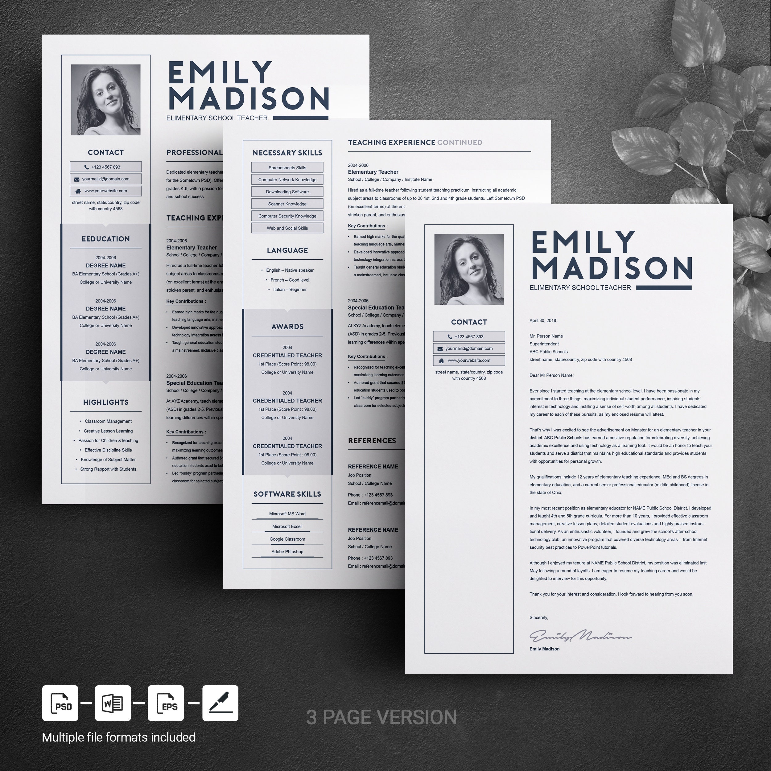 TEACHER Resume Template for MS Word | 1 and 2 Page Resume, Cover Letter ...
