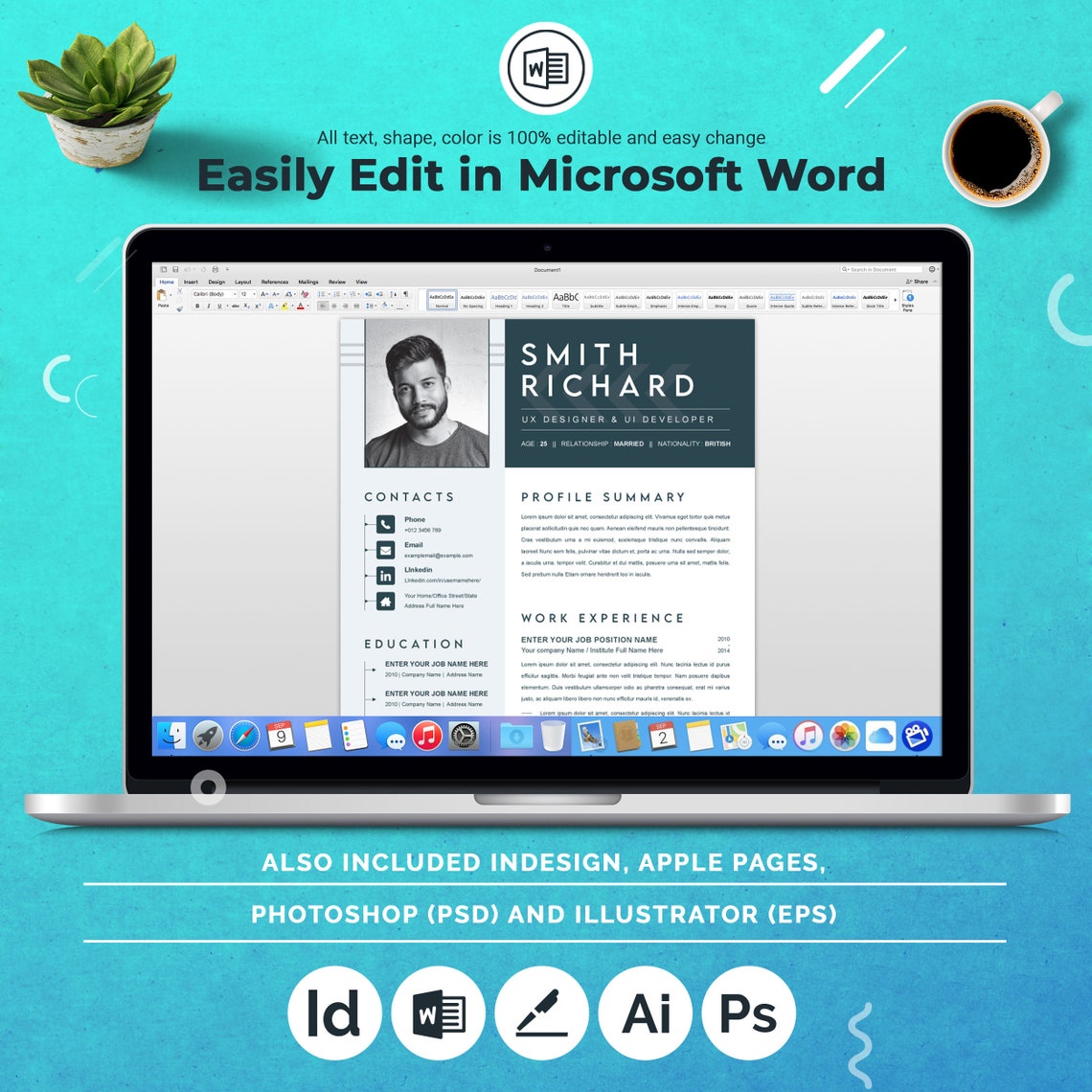 Clean and Modern Resume Template Word CV Template Cover Letter ...