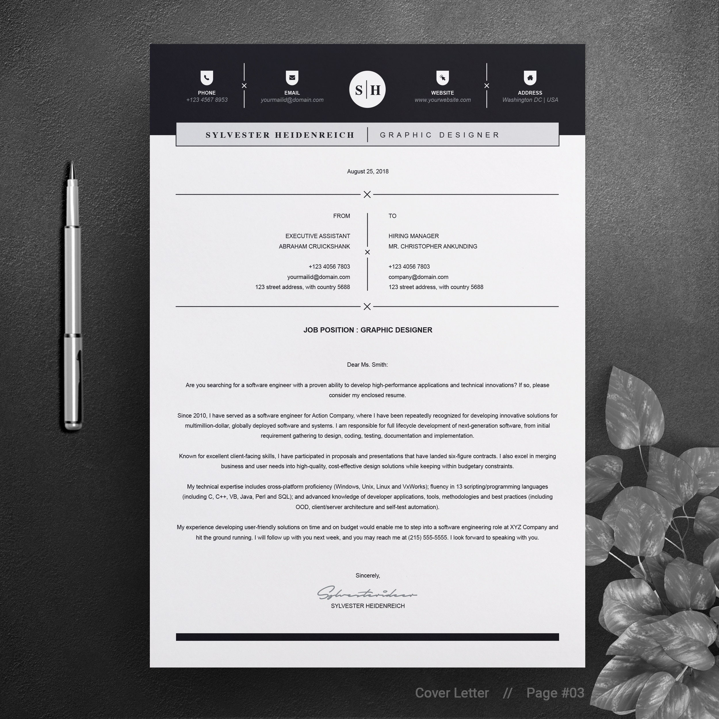 Modern & Professional Resume Template for Word Black and White CV ...
