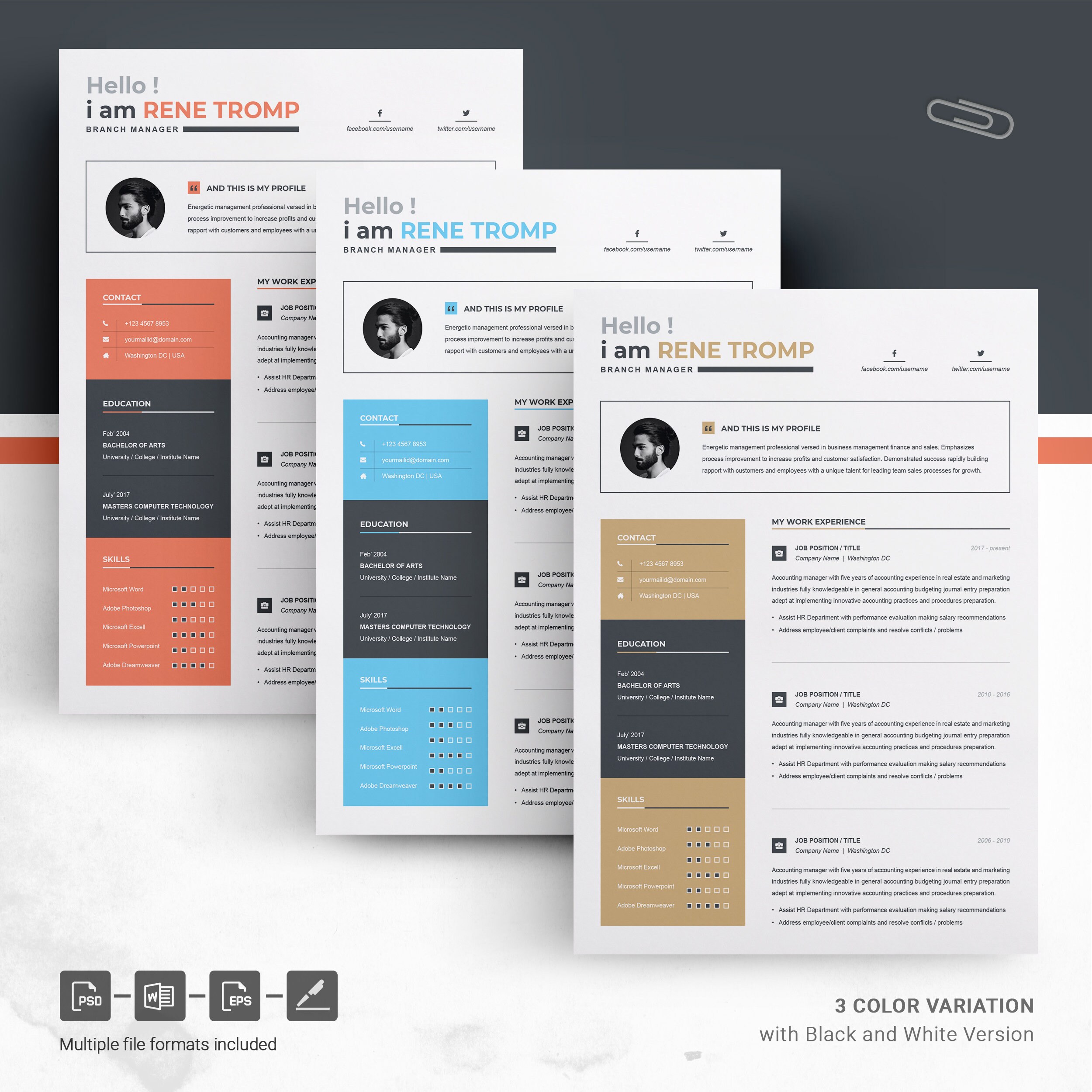 Resume Template 1 Page Professional Resume Template for Word CV Resume ...