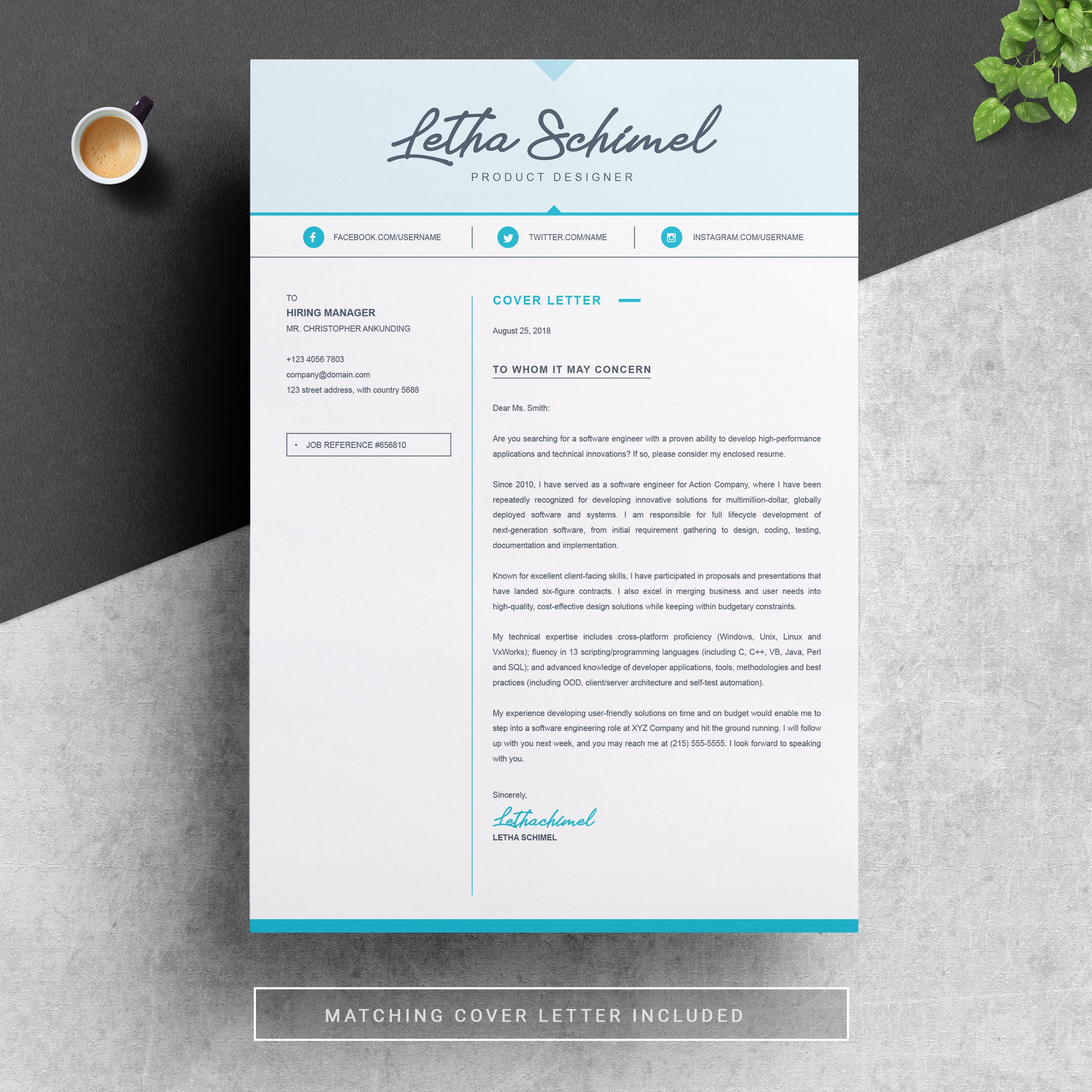 One Page Resume / CV Template With Cover Letter - Etsy