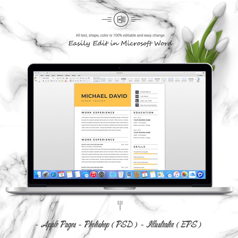 Yellow Resume Template Professional Resume / CV Template With MS Word ...