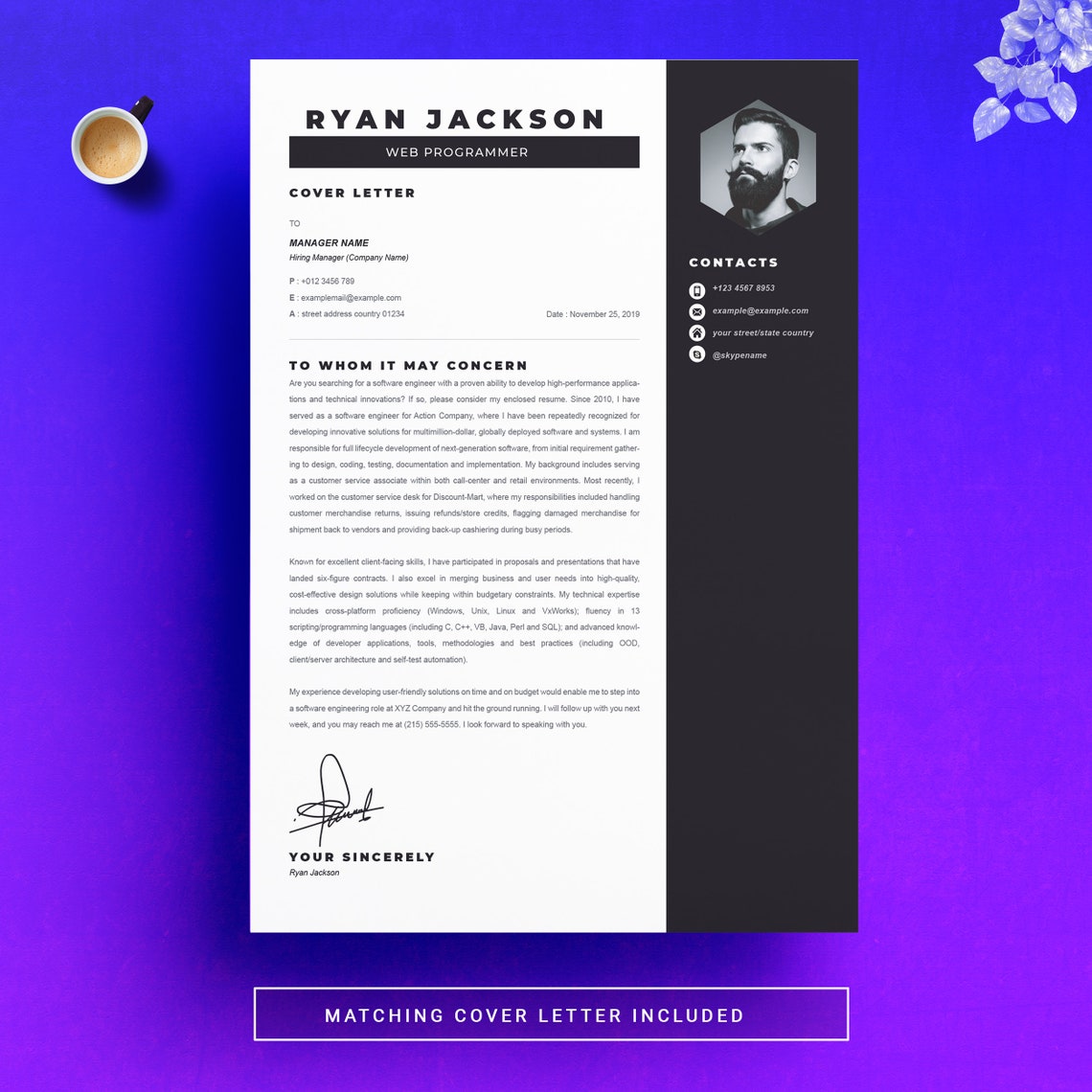 Modern Resume Template / CV Template Cover Letter - Etsy