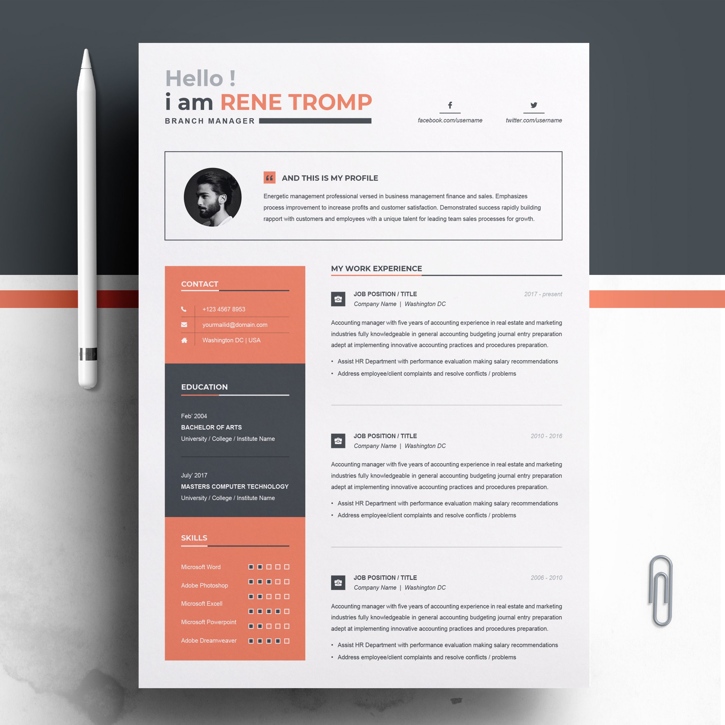 Resume Template 1 Page Professional Resume Template for Word CV Resume ...