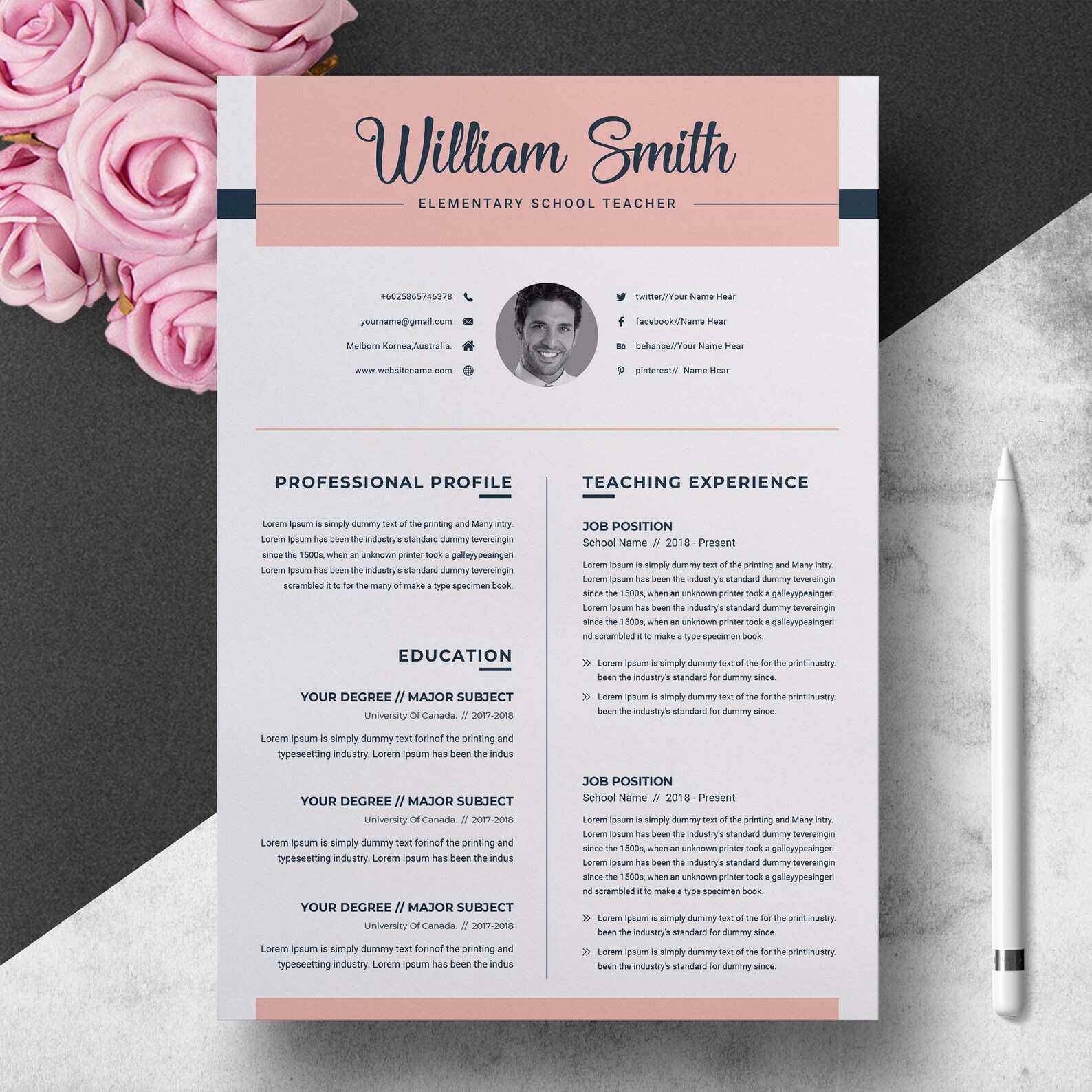 Teacher Resume Template for Word & Pages 1-3 Page Educator Resume ...