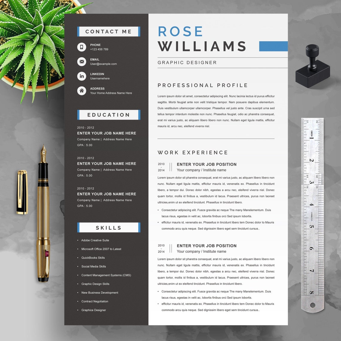 2 Page Professional Simple Graphic Designer Resume Template - Etsy
