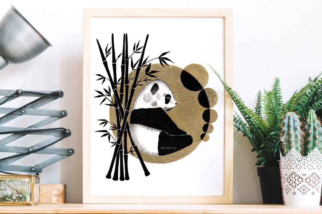 Panda and Bamboos. Panda Poster. Panda Print. Panda Portrait. Panda ...