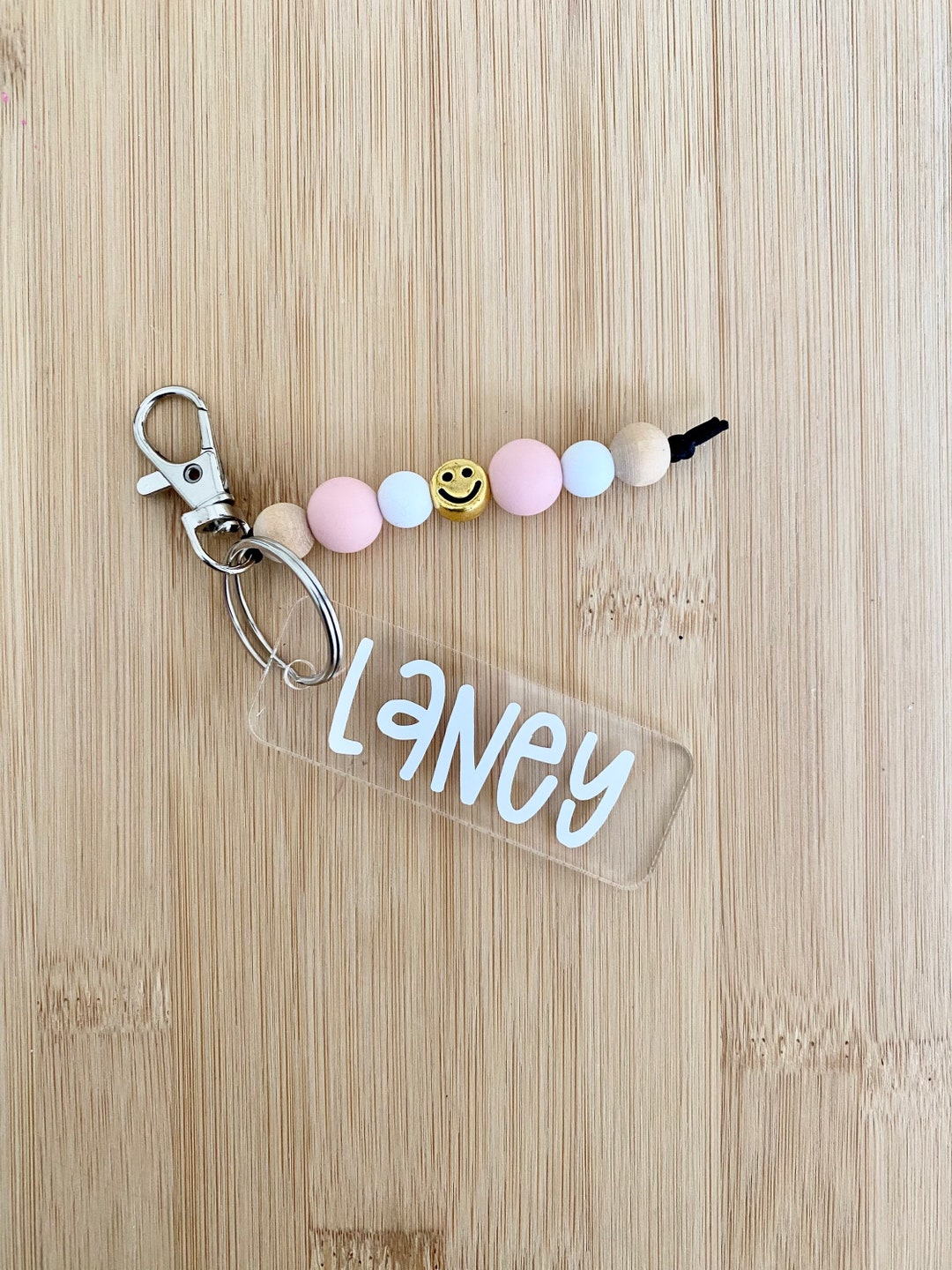 Smile Face Silicone Bead Keychain With Acrylic Name Tag, Beaded ...
