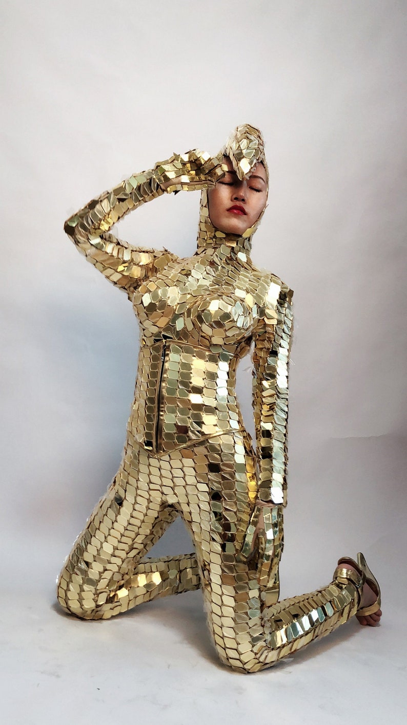 Mirror Disco One Piece Full Bodysuit & Headpiece - Leotard - Metallic ...