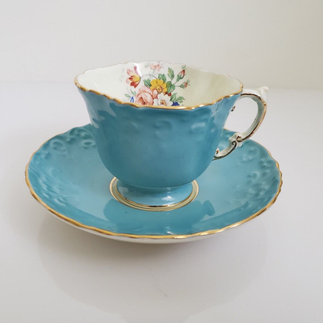 Vintage Embossed Teal Blue Aynsley Teacup and Saucer Set, Rounded ...