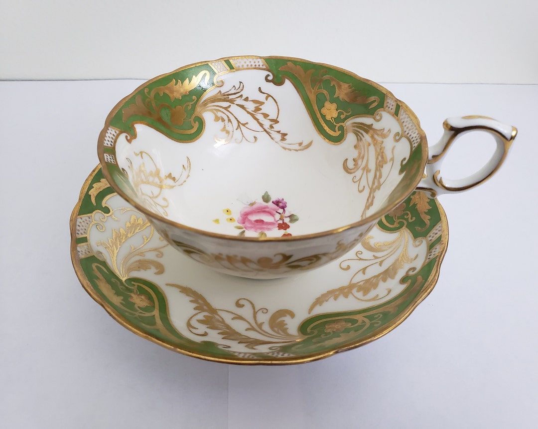 Vintage Hammersley Tea Cup and Saucer Set, White With Green Banners and ...