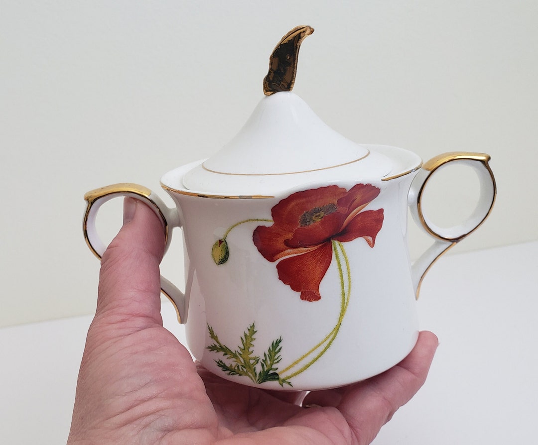 Vintage Bombay China Red Poppy and Brown Butterfly Two-handled Sugar ...