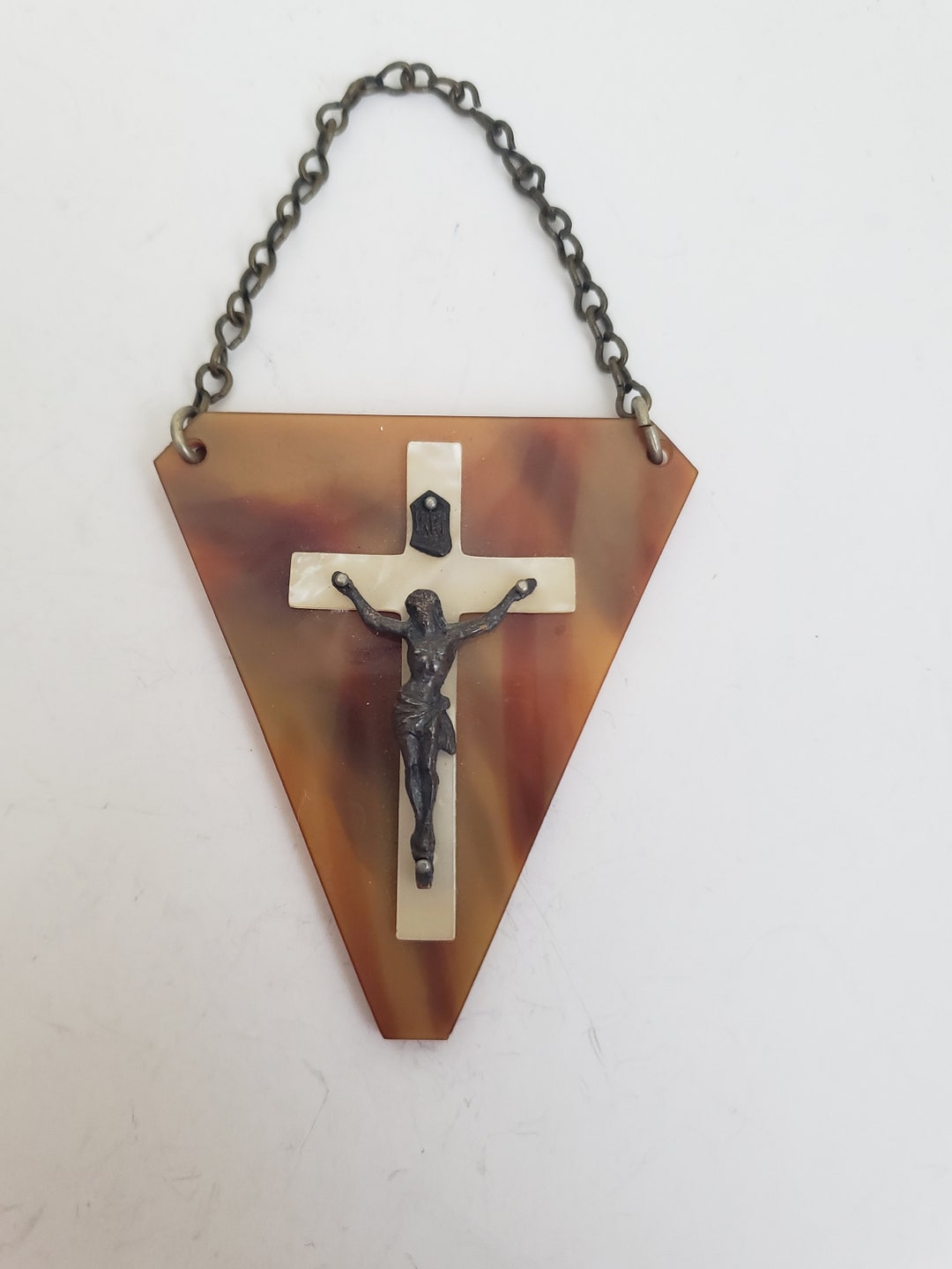 Vintage Christian Cross on Celluloid Tortoiseshell Triangle, Chain Link ...