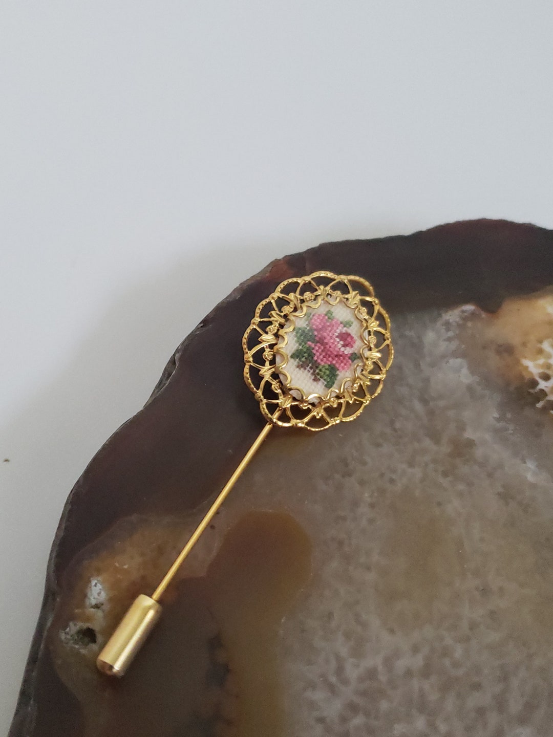 Vintage Petit Point Rose Stick Pin With Gold Tone Filigree Frame - Etsy