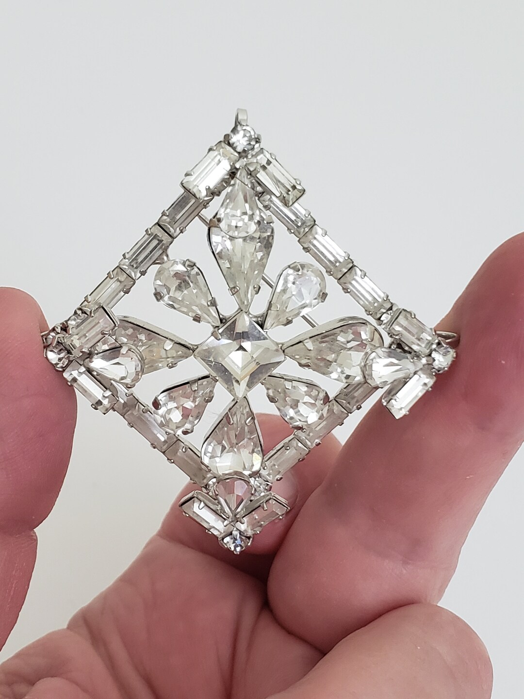 Jay Flex Sterling Clear Crystal and Silver Tone Square Brooch, Lapel or ...