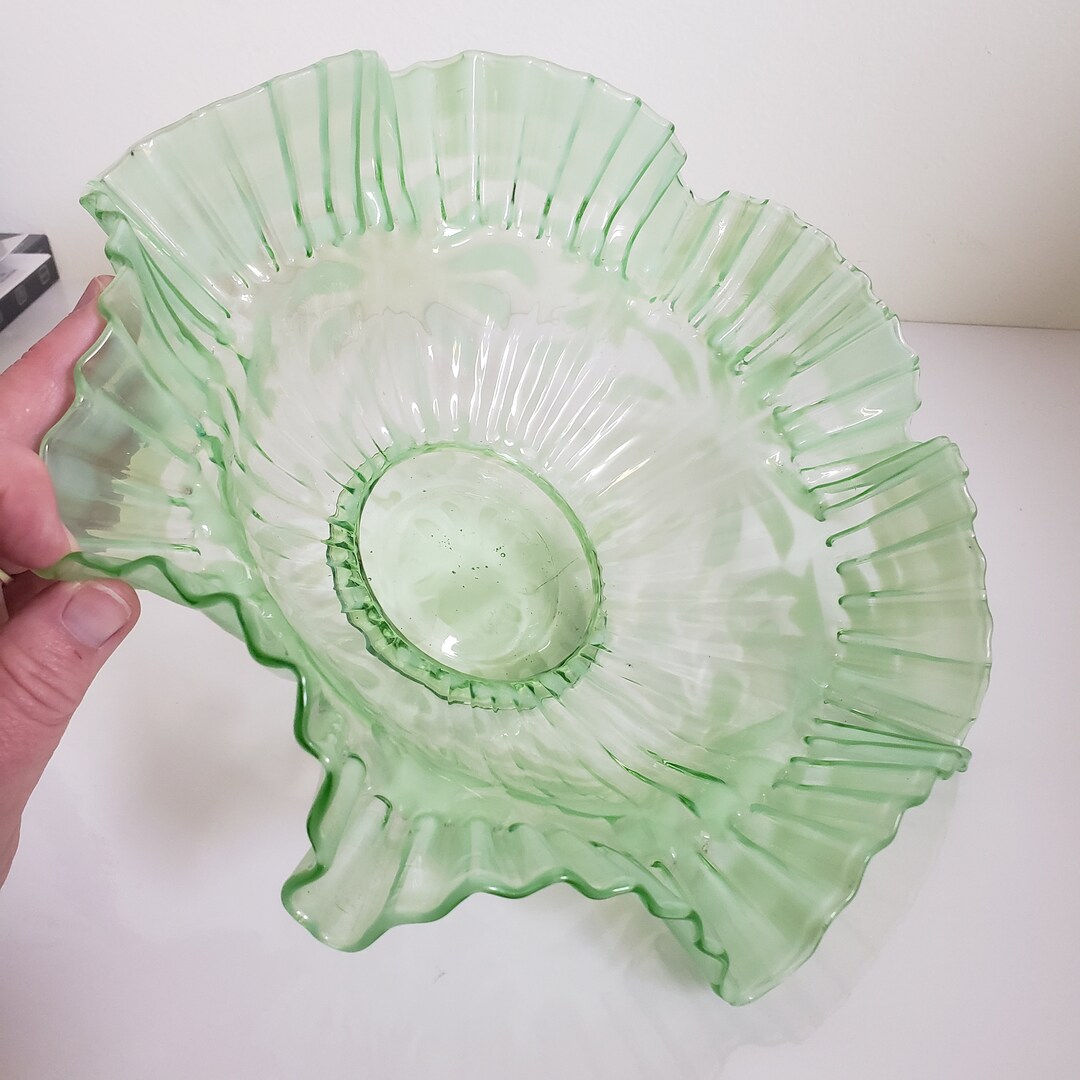 Vintage Green Opalescent Ruffled Glass Bowl With Floral Design, Lovely ...