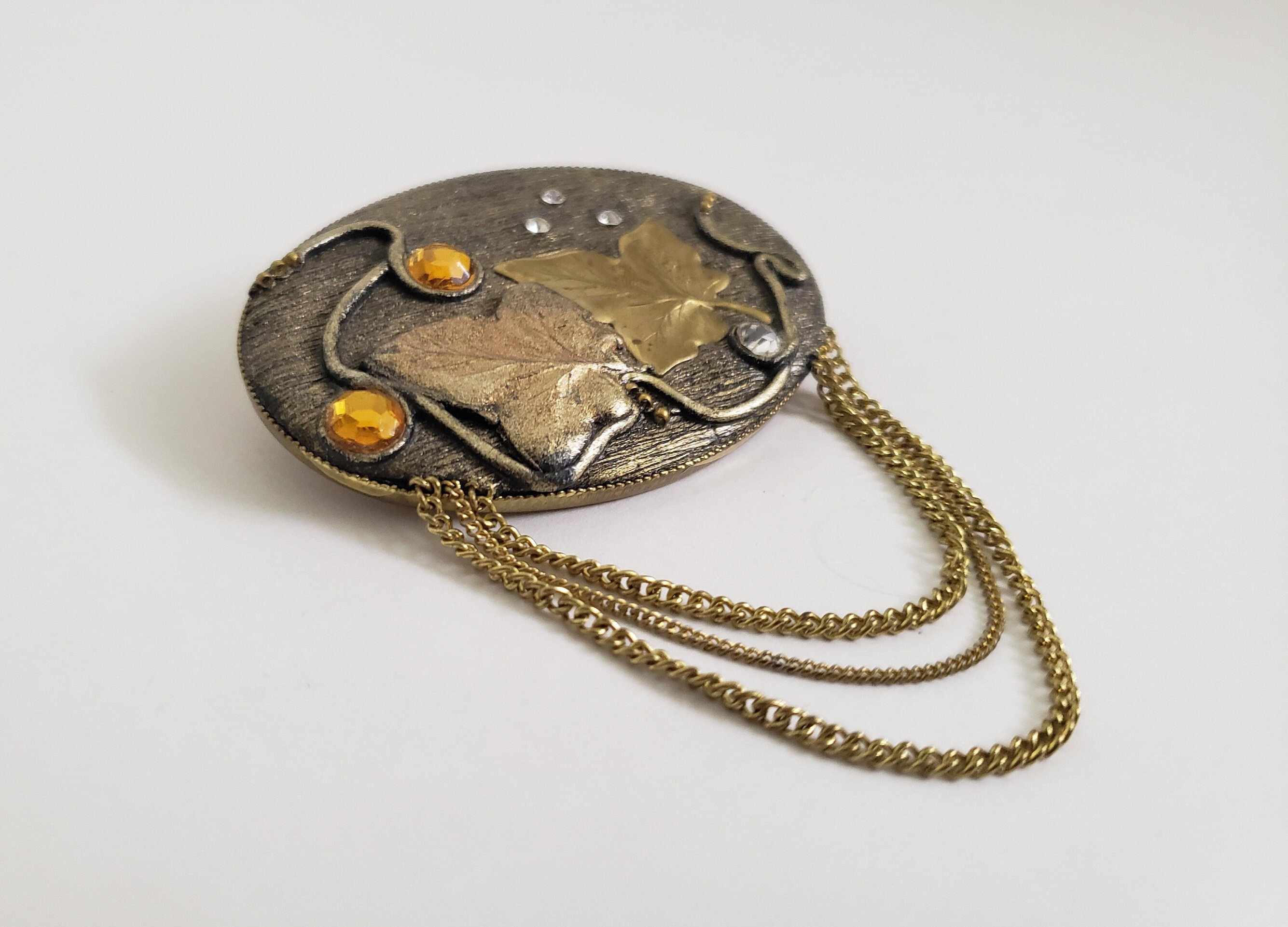 Vintage German Brooch, Textured Oval With Leaf Design and Crystal ...