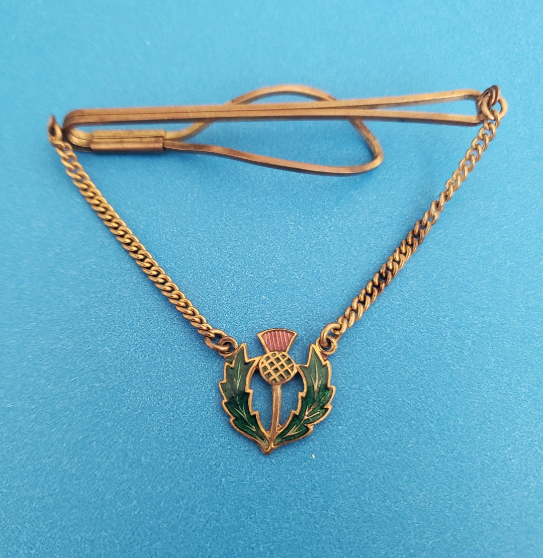 Vintage Gold Tone and Enamel Thistle Dangle Tie Clip Lapel Pin or Scarf ...