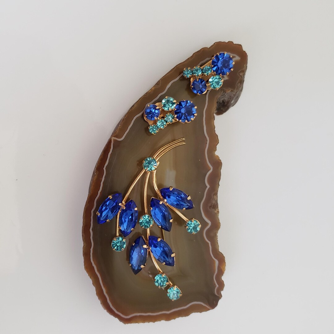 Mid Century Cobalt Blue and Aqua Crystal Rhinestone Brooch and Earrings ...