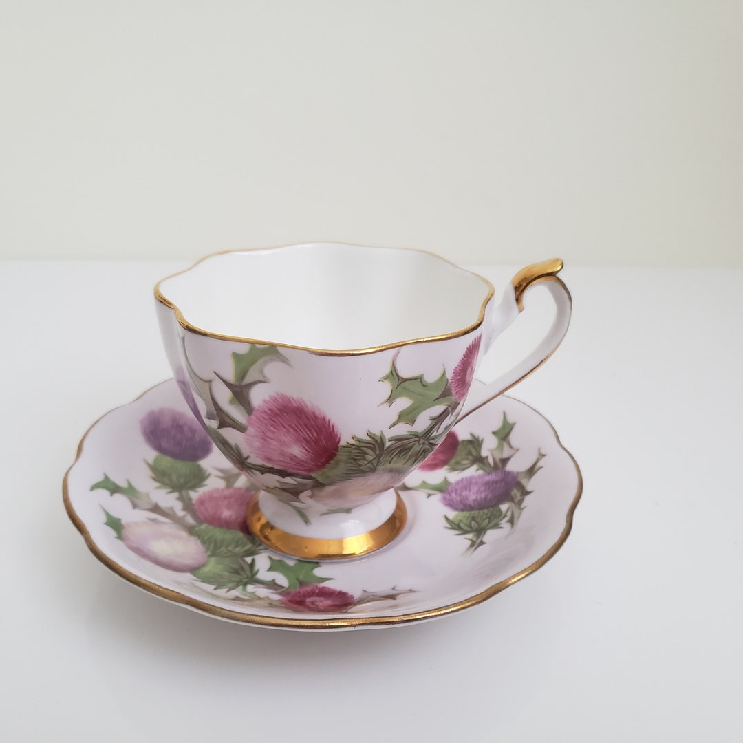 Queen Anne Dundee Thistle Teacup and Saucer, White With Pink and Purple ...
