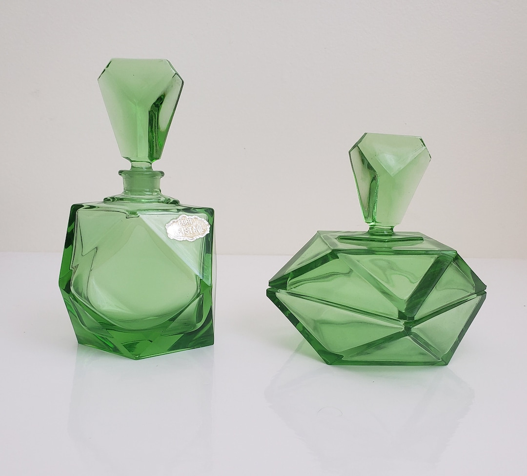 Art Deco Glass Vanity Set, Green Glass Perfume Bottle and Powder Jar ...