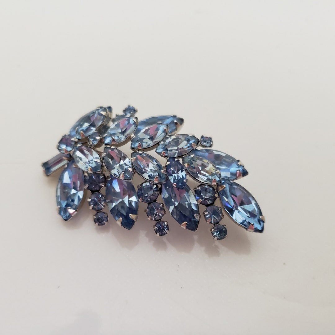 Mid Century Sherman Ice Blue Crystal Brooch: Leaf Shaped Rhinestone Pin ...