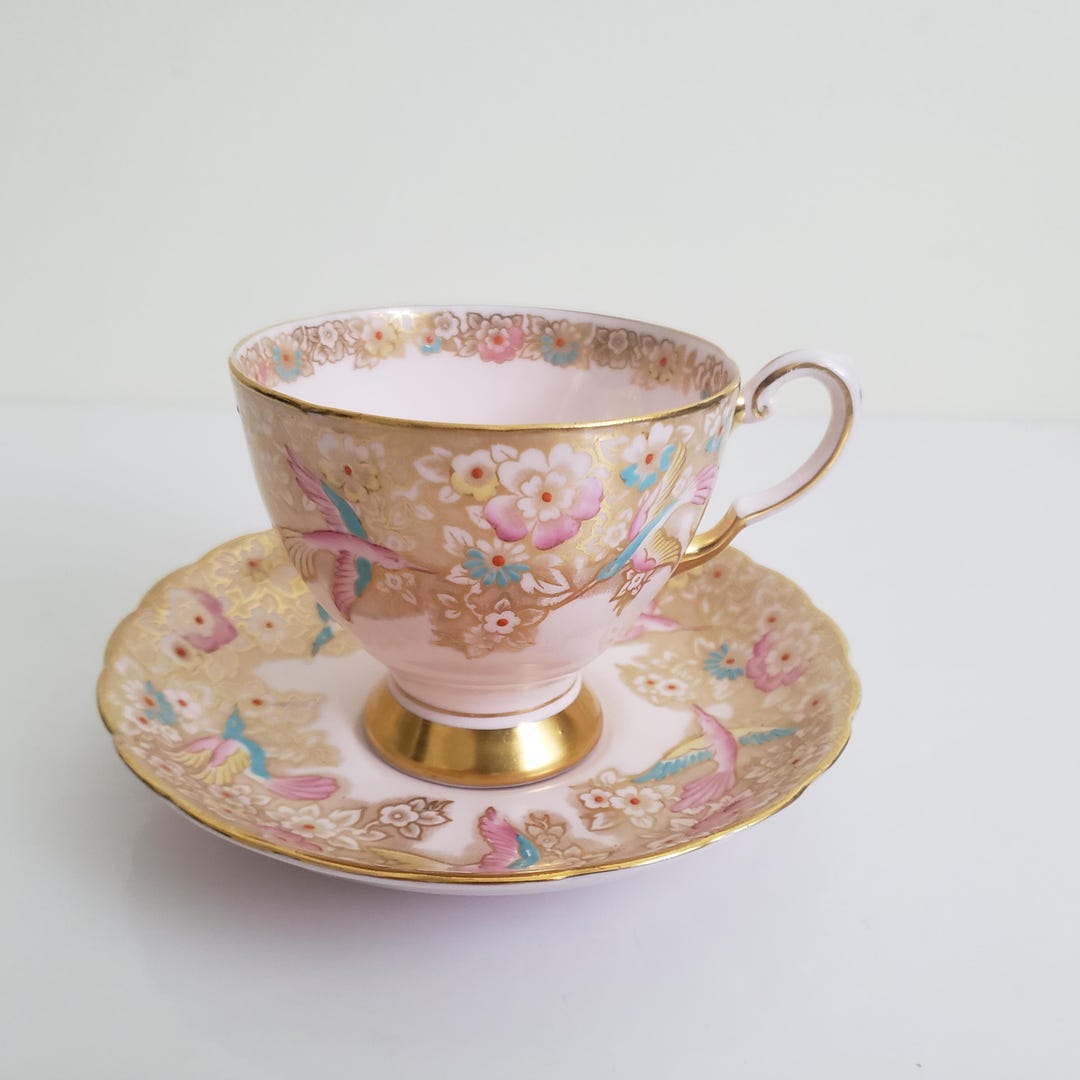 Mid Century Tuscan Pink Teacup Set With Birds and Flowers: Heavy Gold ...