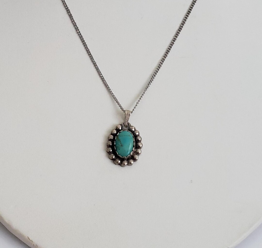 Vintage Dainty Turquoise and Silver Pendant Necklace, Small Oval Framed ...