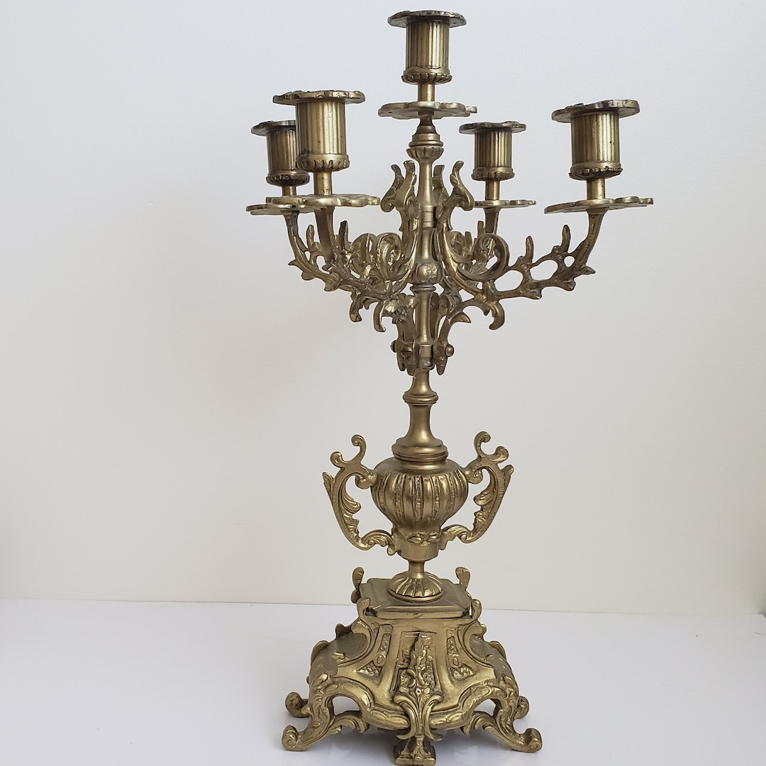 Vintage Cast Iron Brass-look 5 Armed Candelabra, Ornate Candle Holder ...