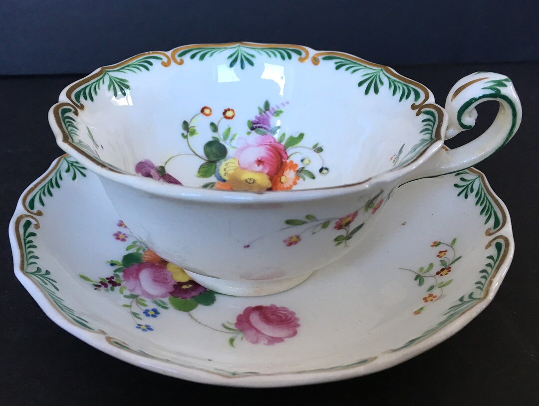 Anique 1800's Hand Painted Pink Roses and Floral Bouquet Cup and Saucer ...
