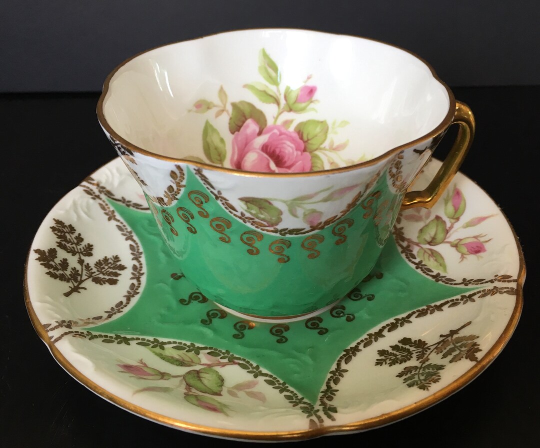 Vintage Fancy Embossed Green Foley Cup and Saucer With Pink Roses ...