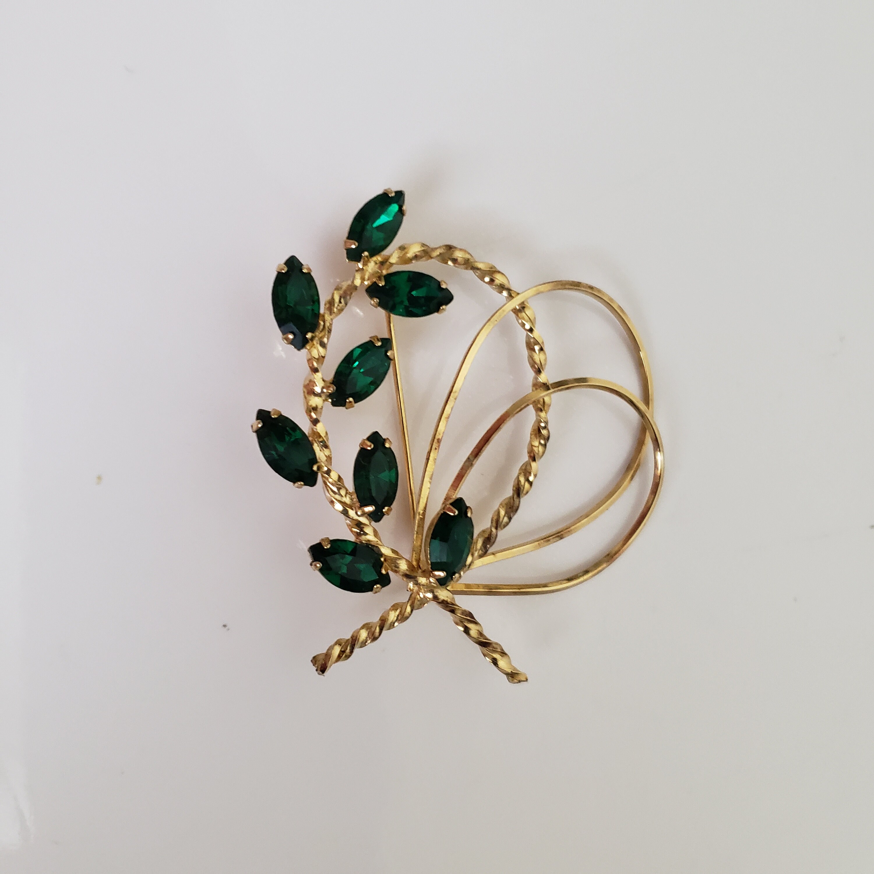 Mid Century Gold Tone and Emerald Green Tone Glass Rhinesone Brooch ...