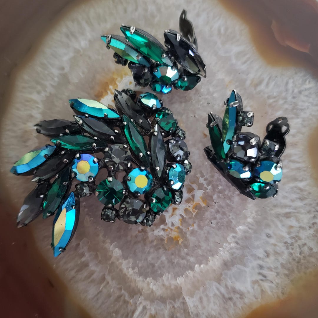 Sherman Green, Grey, and Blue Aurora Borealis Crystal Brooch and ...
