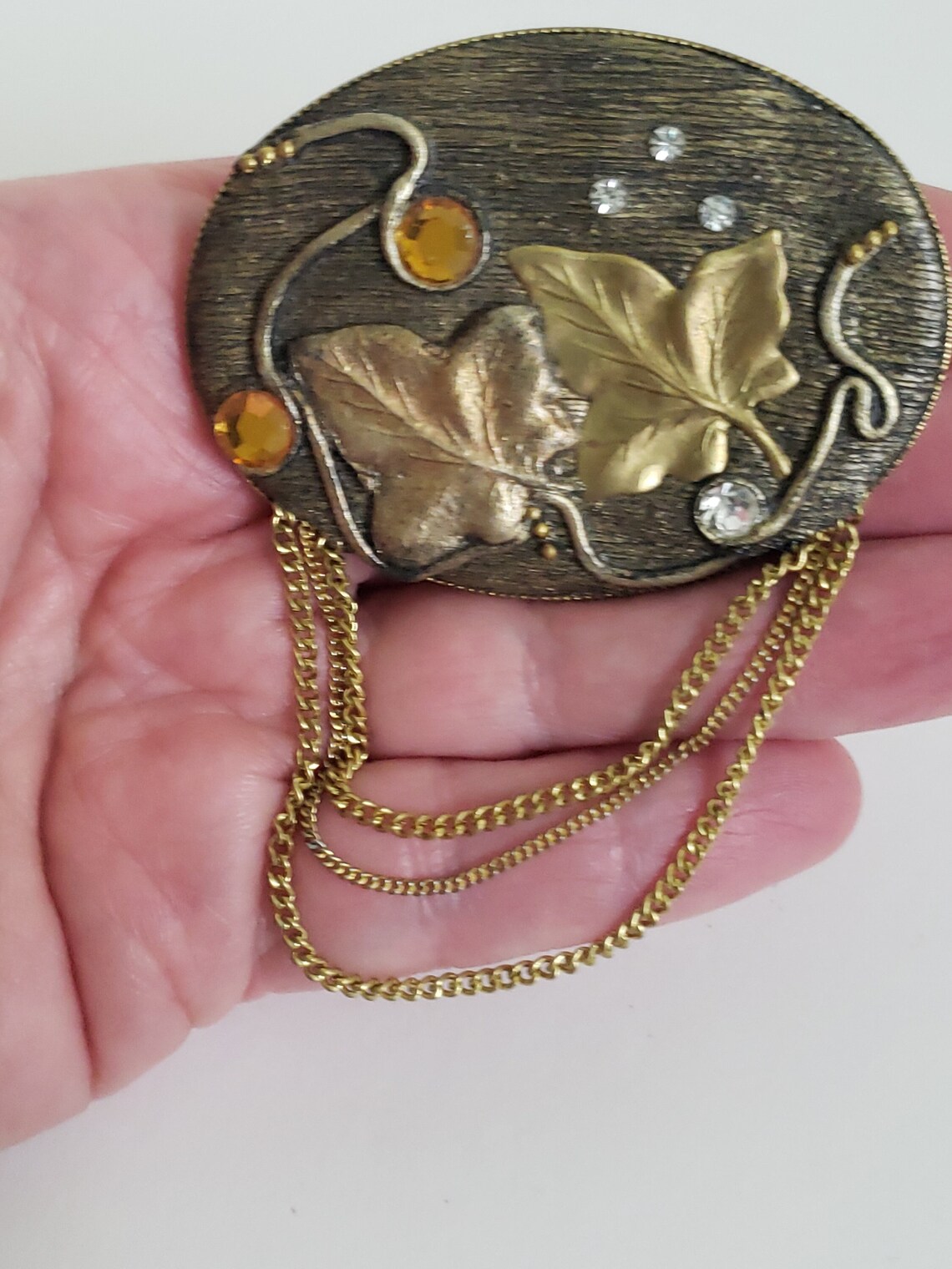 Vintage German Brooch, Textured Oval With Leaf Design and Crystal ...