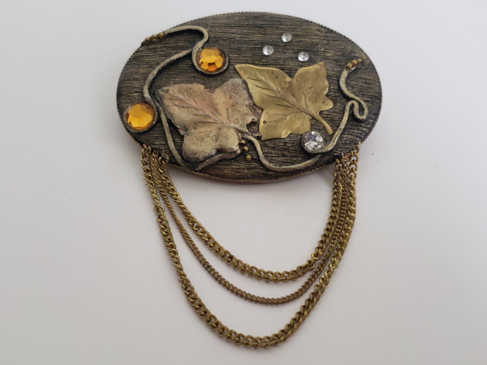 Vintage German Brooch, Textured Oval With Leaf Design and Crystal ...
