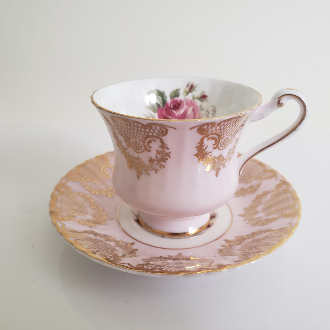 Mid Century Paragon Pink Teacup and Saucer: Gold Filigree, Rose Detail ...