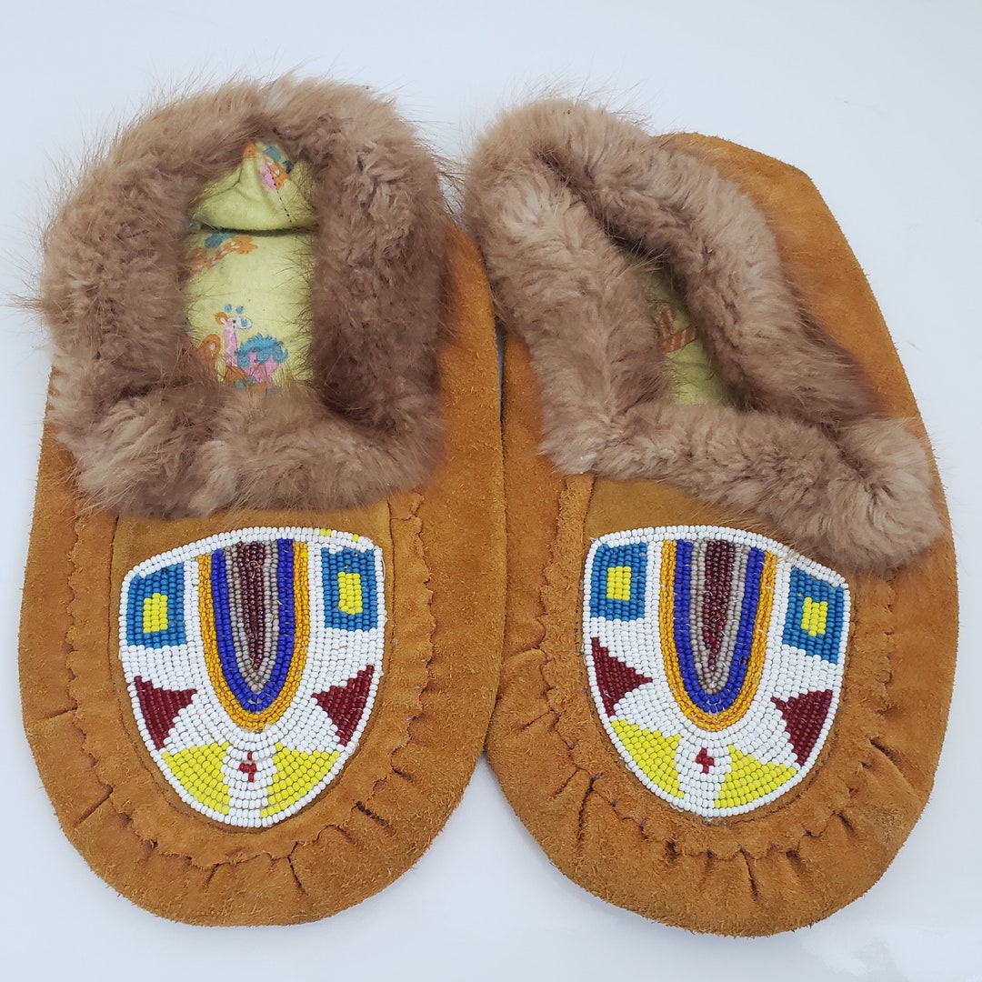 Vintage Hand Made Beaded Elk Skin Moccasins, Flannel Lining and Fur ...