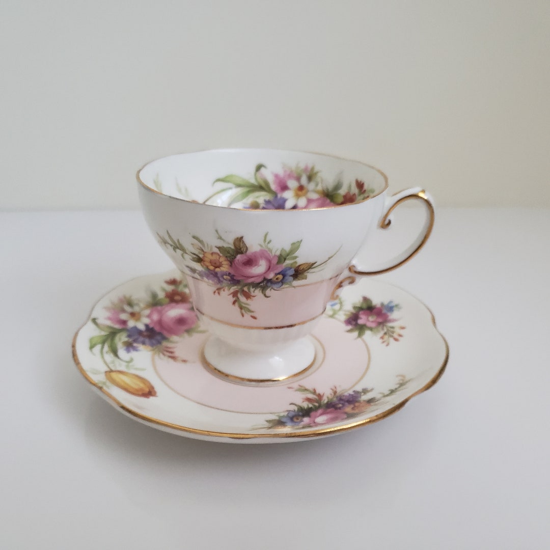 Mid Century EB Foley Teacup and Saucer: Pink Floral Corset Cup - Etsy