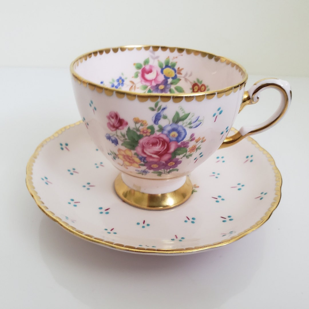 Tuscan Pink and White Teacup Set With Rose Mixed Floral Bouquets, Pink ...