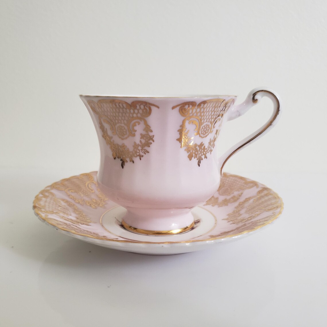 Mid Century Paragon Pink Teacup and Saucer: Gold Filigree, Rose Detail ...