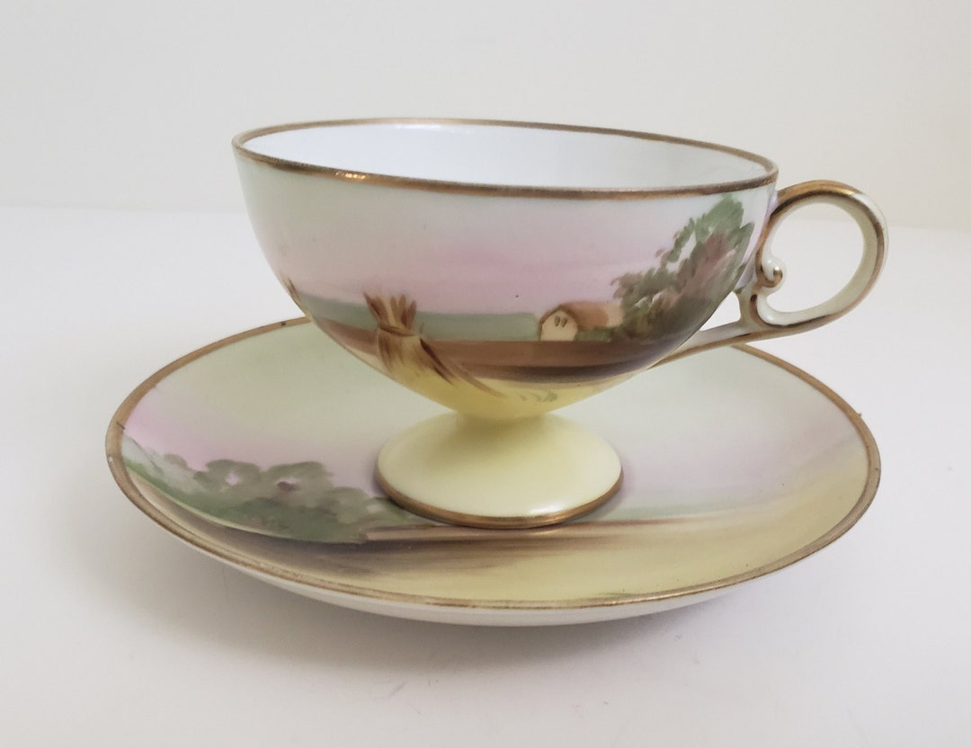 Gorgeous Antique Hand Painted Nippon Tea Cup and Saucer With Prairie ...